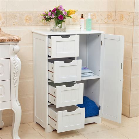 White Wooden 4 Drawer Bathroom Storage Cupboard Cabinet Free Standing
