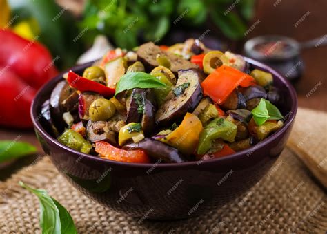 Free Photo Hot Spicy Stew Eggplant Sweet Pepper Olives And Capers