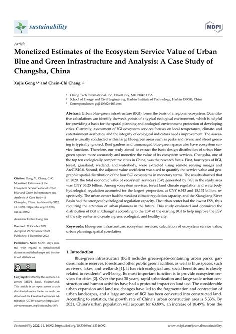 Pdf Monetized Estimates Of The Ecosystem Service Value Of Urban Blue