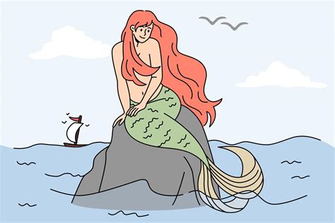 Beautiful Mermaid Girl Sit On Stone In Ocean Waters Look In Distance