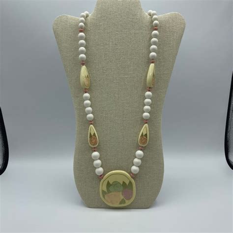 Vintage Japanese Ceramic White Beaded Necklace With H Gem