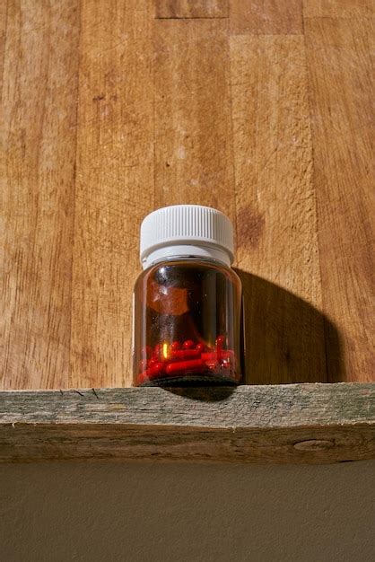 Premium Photo Red Lithium Pills In A Medicine Bottle On A Wooden Shelf