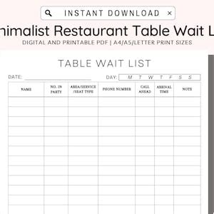 Restaurant Table Wait List Printable Waiting List Printable