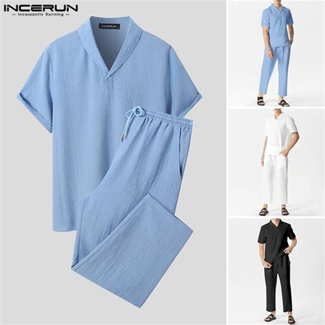 3 Colors Incerun Men Casual Loose Solid Color Tops And Pants Sets Wish
