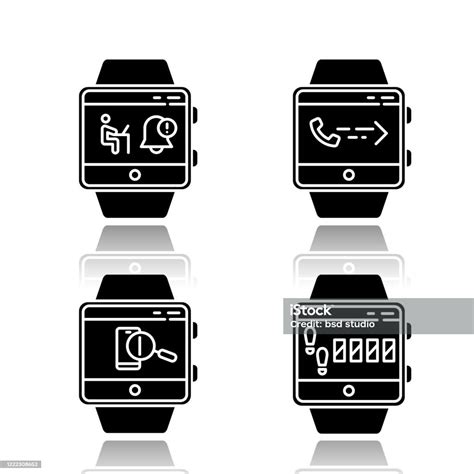 피트니스 트래커 기능은 그림자 검은 색 문말 아이콘 세트를 드롭합니다 스마트 워치 기능 전화 응답 전화 찾기 단계 추적 노트북 및 컴퓨터와의 동기화 격리된 벡터