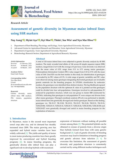 Pdf Assessment Of Genetic Diversity In Myanmar Maize Inbred Lines Using Ssr Markers
