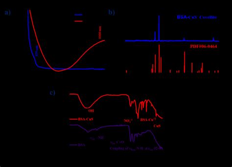 A Uv Visible Spectra Of Synthesized Bsa Cus Nps Blue Line And Pure
