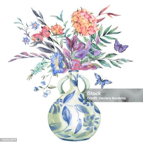수채화 야생화 꽃다발 흰색 흰색 절연 중국 파란색 꽃병 꽃 그림 중국 문화에 대한 스톡 벡터 아트 및 기타 이미지 중국 문화