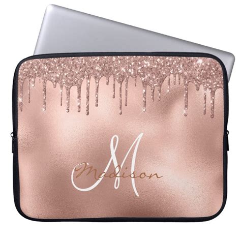 Rose Gold Glitter Drips Monogram Laptop Sleeve Zazzle