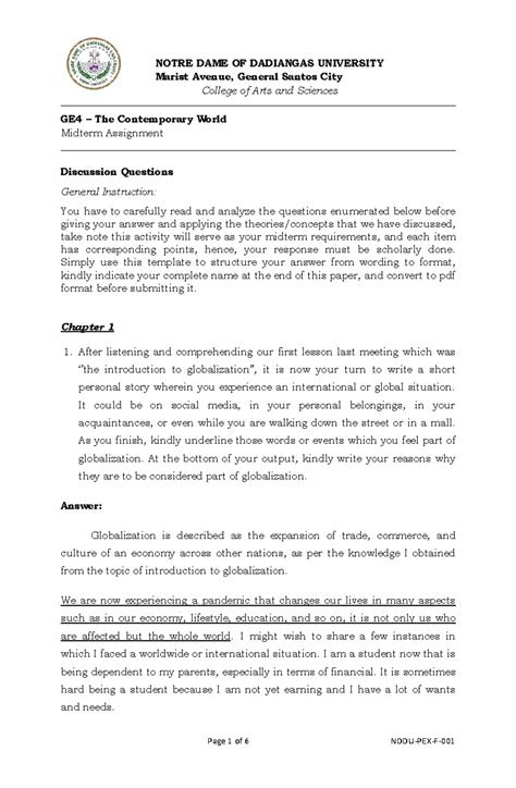 GE4 Midterm Requirements NOTRE DAME OF DADIANGAS UNIVERSITY Marist