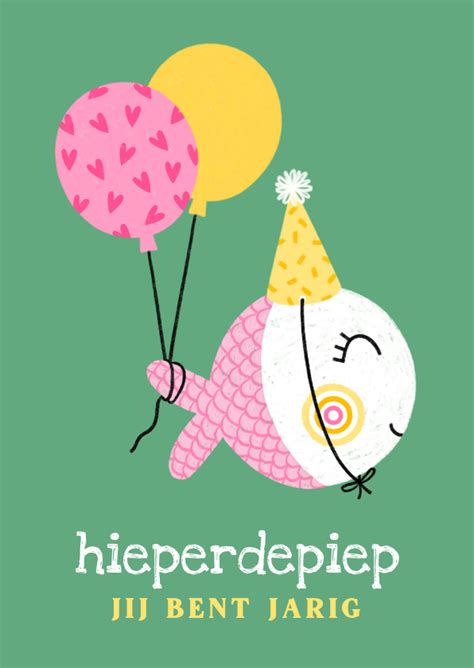 Verjaardagskaart Vis Feestmuts Ballon Roze Kaartje Go