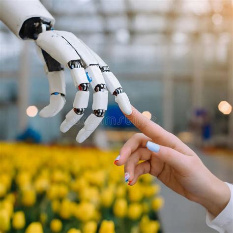 Person Touching Robot Hand In Yellow Flower Field Generative Ai Stock