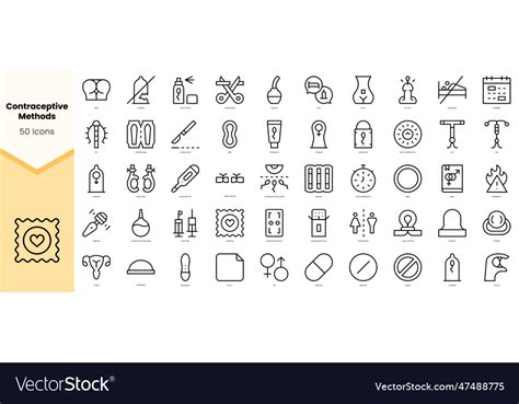 Set Of Contraceptive Methods Icons Simple Line Vector Image