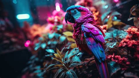 Beautiful Pink Parrot Sitting On Tree Branch On Blurry Background Stock
