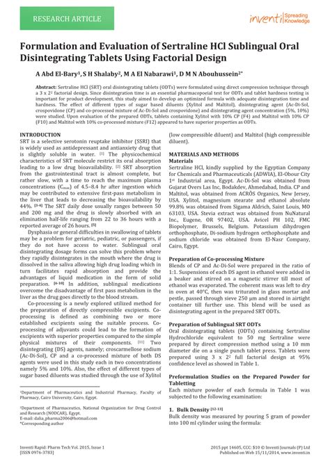 Pdf Formulation And Evaluation Of Sertraline Hcl Sublingual Oral