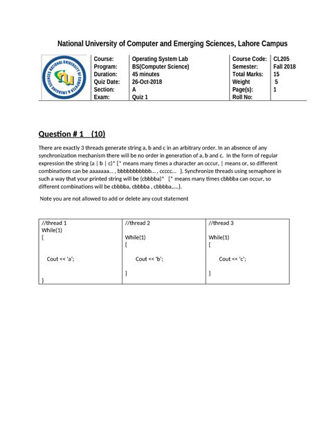 Quiz National University Of Computer And Emerging Sciences Lahore Campus Course Operating