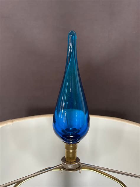 Mid Century Blue Blenko Glass Lamp With Original Finial 10599