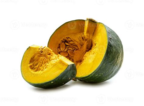 Fresh Kabocha Or Green Japanese Pumpkin With Slice Isolated On White