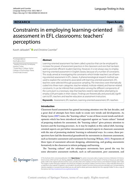 Pdf Constraints In Employing Learning Oriented Assessment In Efl Classrooms Teachers Perceptions