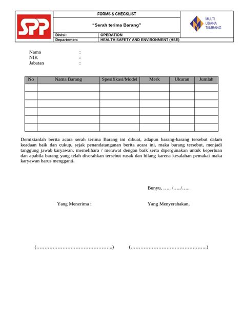 Form Serah Terima Barang Pdf