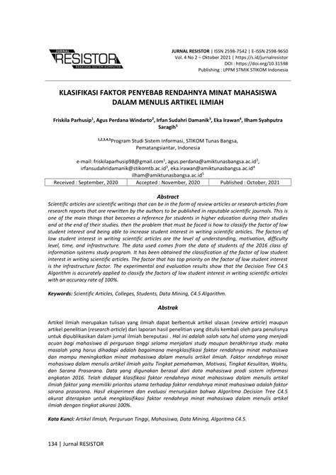 PDF KLASIFIKASI FAKTOR PENYEBAB RENDAHNYA MINAT MAHASISWA DALAM MENULIS ARTIKEL ILMIAH