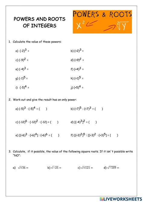 Powers And Roots Of Integers Worksheet Live Worksheets Worksheets
