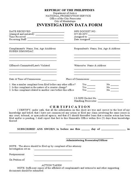 Investigation Data Form Blank Pdf Complaint Prosecutor