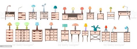 흰색 배경에 고립 된 전기 테이블 조명이있는 귀여운 나이트 스탠드 드레서 국 세트 침실 사무실현대 가구와 램프의 컬렉션 플랫 스타일로 벡터 그림 상자에 대한 스톡 벡터 아트