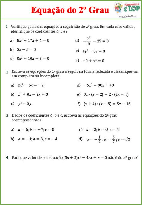 Lista De Exercícios Equação Do 2 Grau 9 Ano