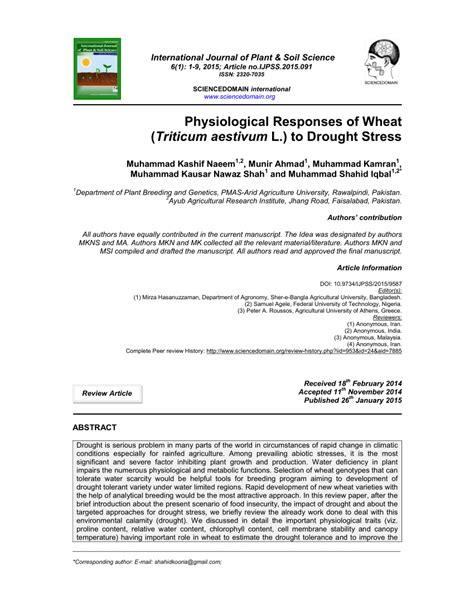 Pdf Physiological Responses Of Wheat Triticum Aestivum L Against Drought Stress