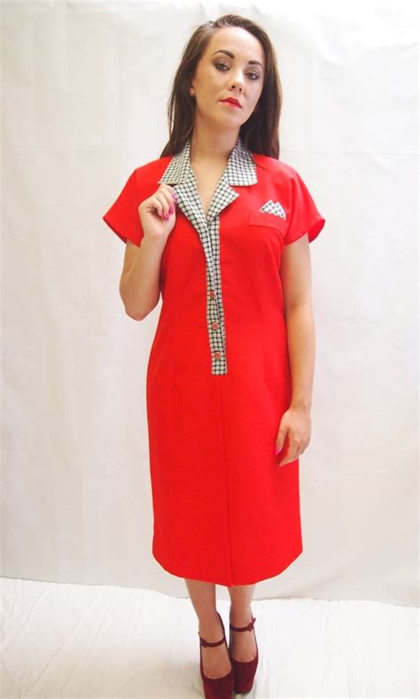 Vintage 1980s Secretary Dress Red With Black And White Gingham Trim