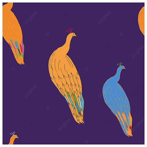 Peacocks Cute Hand Drawn Seamless Vector Pattern On Purple Background