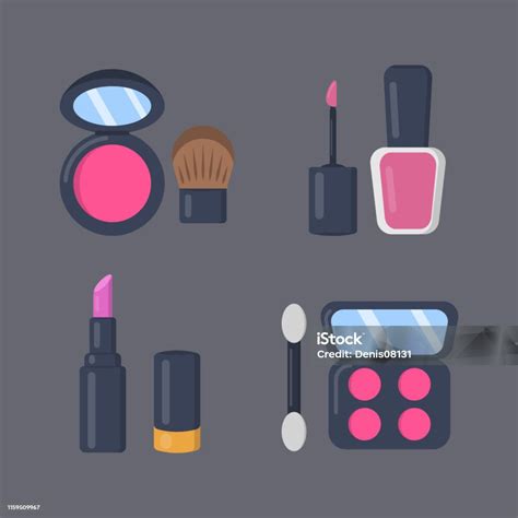 만화 스타일의 벡터 아이콘의 화장품 세트를 구성합니다 립스틱과 포마드 패션 메이크업 컬렉션 뷰티 살롱과 여성 화장품 잡지 일러스트 0명에 대한 스톡 벡터 아트 및 기타