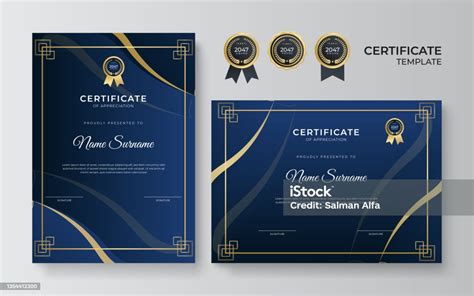 현대 블루 와 골드 인증서 템플릿 수상 비즈니스 및 교육을 위한 배지가 설정된 디플로마 인증서 테두리 템플릿 감탄에 대한 스톡