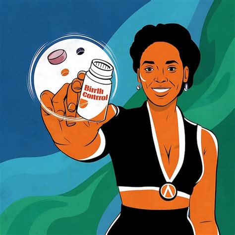 A Poster For A Woman Holding A Bottle Of Birth Control Pills Premium