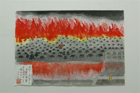 火の海に包まれた浅草方面 「堀切正二郎作 東京大空襲体験画」 昭和館デジタルアーカイブ