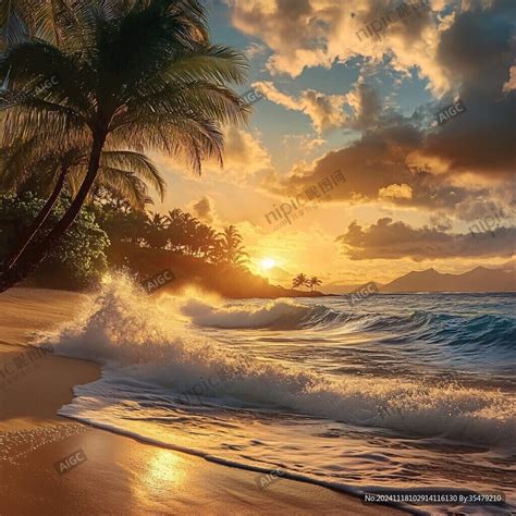 Ai创作图假日海滩夕阳风光 蓝天晚霞大海椰树 热带风光海滨风光 热带海岛风情 热带海边风景 热带岛屿日落海滩风光 热情夏威夷 海边夕阳落日余晖