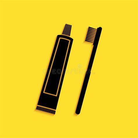 Black Tube Of Toothpaste And Toothbrush Icon Isolated On Yellow