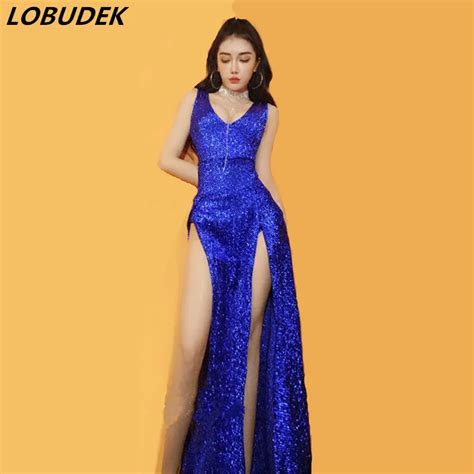Royal Blue Sexy Bodysuit Skirt Christmas Nightclub Bar Female Singer Dj
