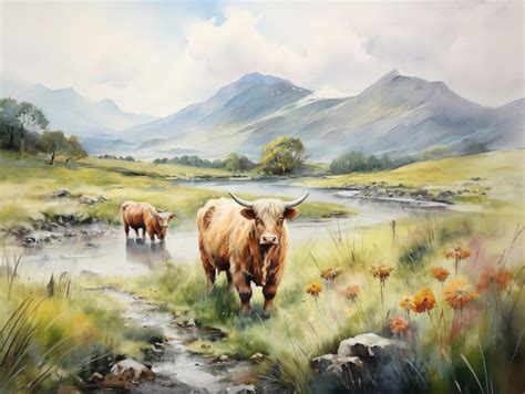 Premium Photo Painting Of A Herd Of Cattle Walking Across A Lush