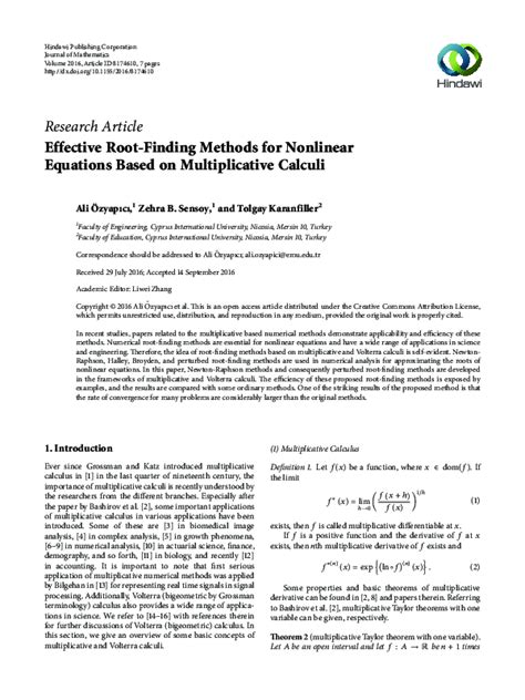 Pdf Effective Root Finding Methods For Nonlinear Equations Based On Multiplicative Calculi