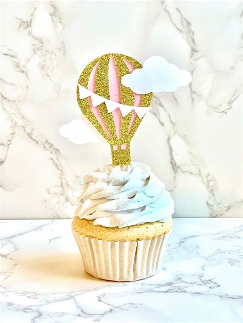 12 Hot Air Balloon Cupcake Toppers Pink And Gold Hot Air Etsy