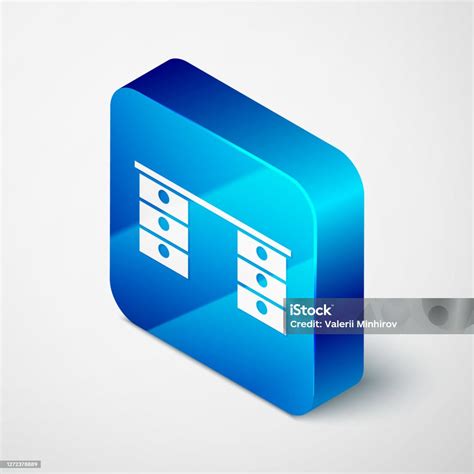 회색 배경에 격리된 Isometric Office 책상 아이콘입니다 파란색 정사각형 버튼 벡터 3차원 형태에 대한 스톡 벡터