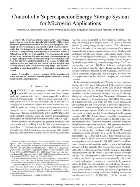 Control Of A Supercapacitor Energy Storage System Pdf Distributed