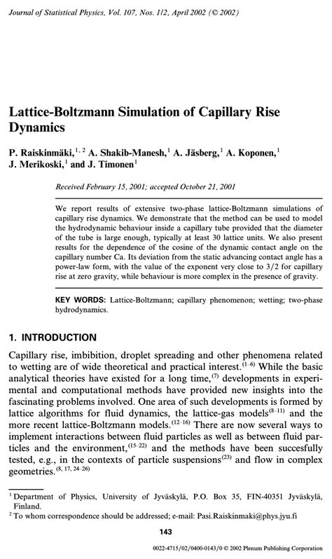 Pdf Lattice Boltzmann Simulation Of Capillary Rise Dynamics