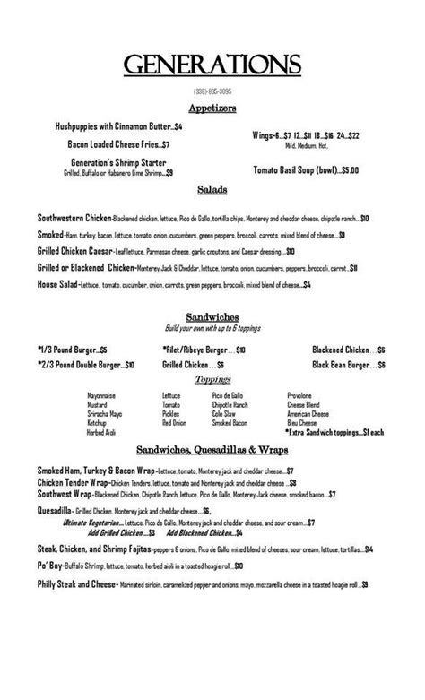 Menu At Generations Casual Dining Restaurant Jonesville