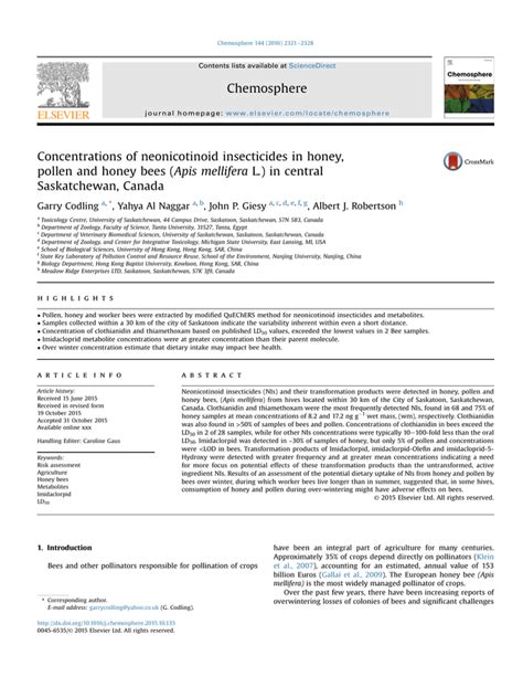 Concentrations Of Neonicotinoid Insecticides In Honey