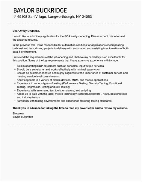 Sqa Analyst Cover Letter Velvet Jobs