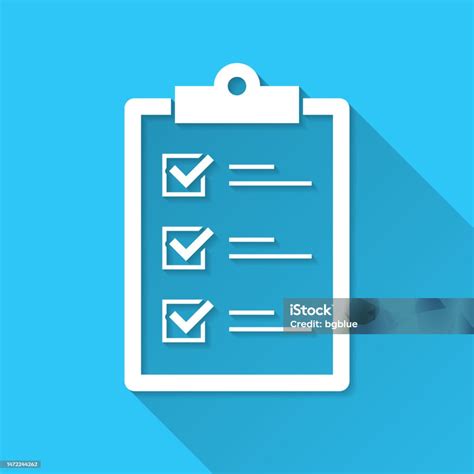 체크리스트가있는 클립 보드 파란색 배경에 아이콘 긴 그림자가 있는 평면 디자인 3차원 형태에 대한 스톡 벡터 아트 및 기타 이미지 3차원 형태 개념 검사 보기
