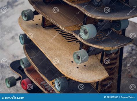 A Stack Of Skateboards On A Special Outdoor Stand Stock Photo Image Of View Adrenaline